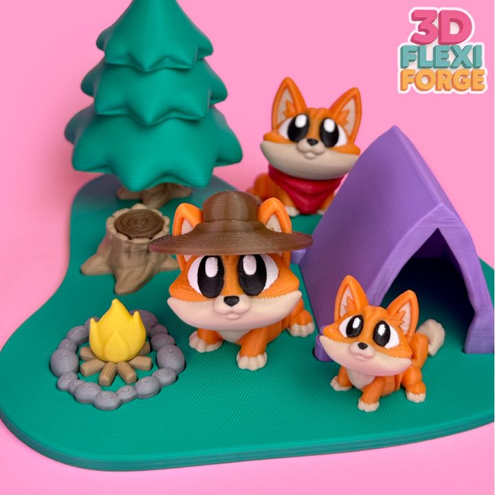 3D Printable 🦊Flexi Fox Family + Camping Diorama Set🌲 by 3D FLEXI FORGE